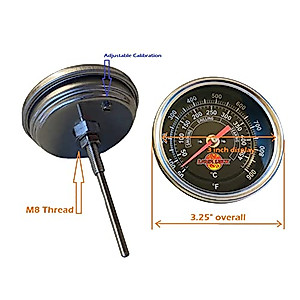 Black Face BBQ Grill Thermometer 50F-900F High Temp Range Heavy Duty Premium Quality Smoker Thermo 2 Inch or 3" with M8 or 1/2 NPT Thread