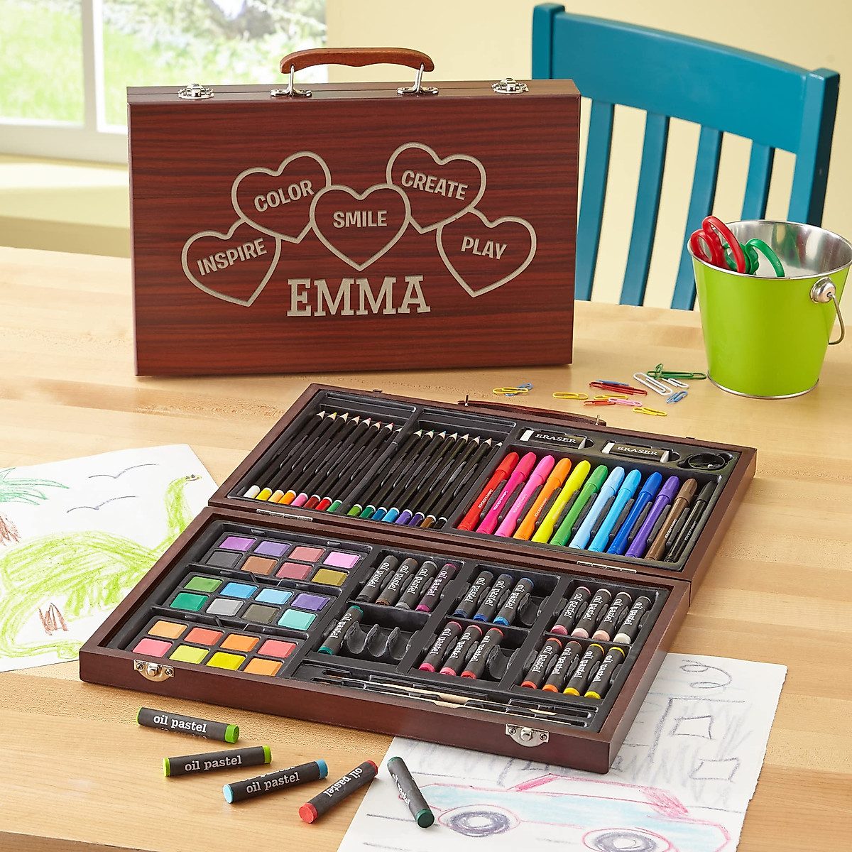 Let's Make Memories Personalized 80-Piece Deluxe Art Set - for Kids - Wood Carrying Case - Oil Crayons, Colored Pencils, Watercolors - Arts & Crafts - Add Their Name - Creative Hearts