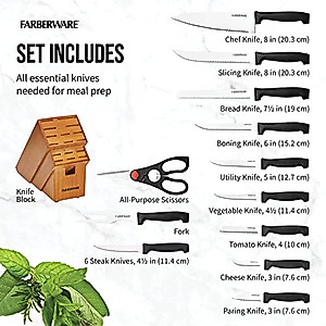 Farberware Never Needs Sharpening High-Carbon Stainless Steel Knife Block Set with Non-Slip Handles, 18 Piece, Black