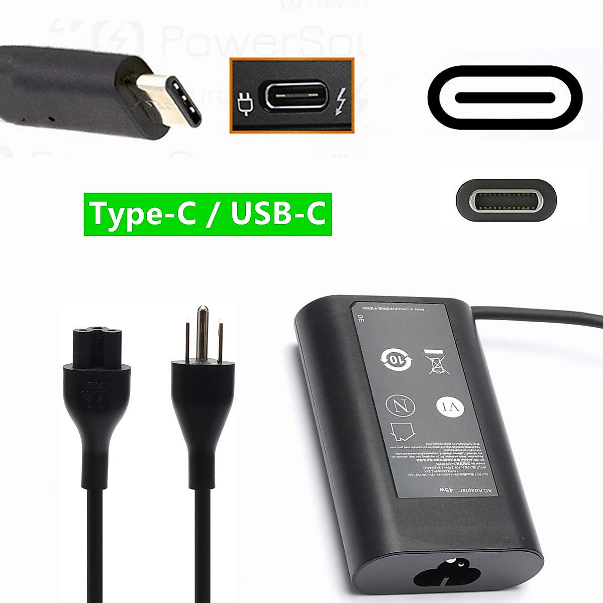 New USB-C Laptop Charger 45W for Dell XPS 13 9360 9365 9380 Adapter; Inspiron 14 7437 Latitude 7390 2in1 7275 7370 5175 5285; LA45NM150; 04RYWW; 0HDCY5