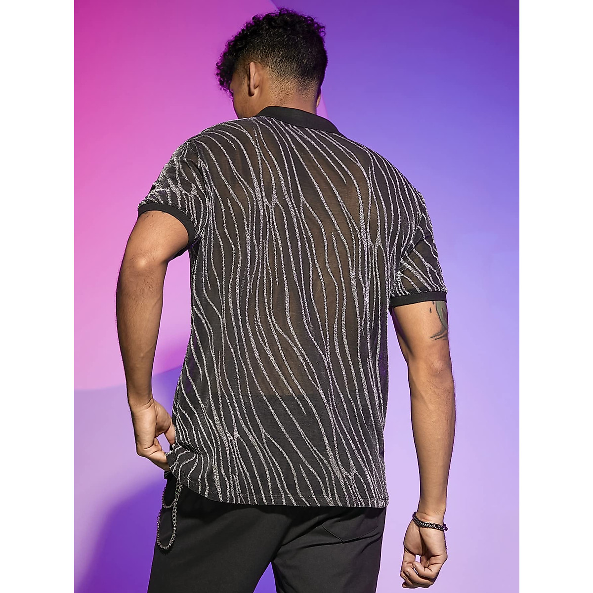 WDIRARA Men's Marble Print Glitter Mesh Sheer Collared Short Sleeve Tee Top Striped Party T Shirt Multicolor S