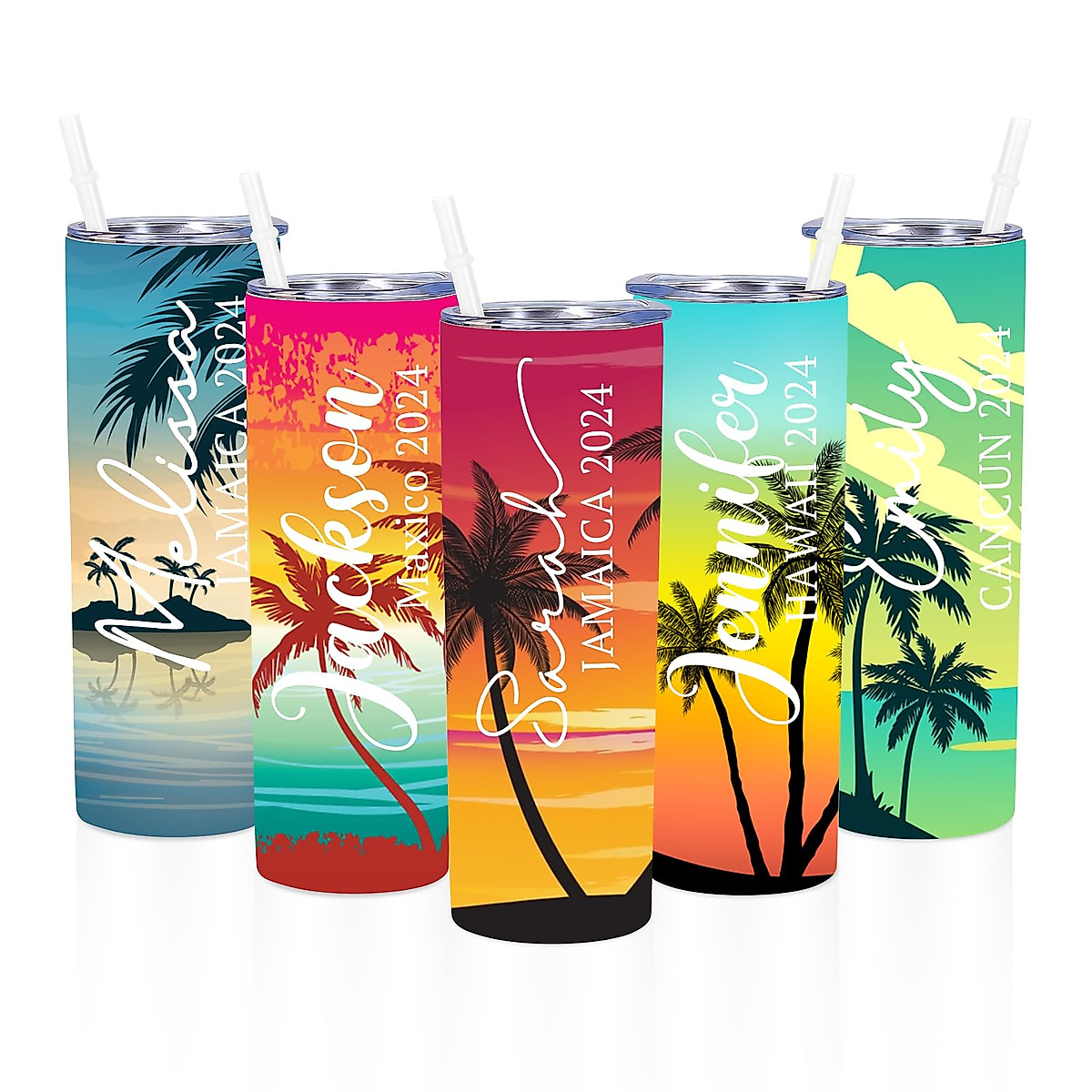 Personalized Family Vacation Tumblers With Name, Custom Palm Tree Beach Skinny Coffee Tumbler, Girls Trip Cups With Lid And Straw, Customized Group Destination Vacation Matching Cup