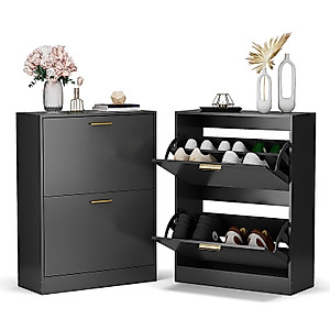 NOVAMAISON Shoe Cabinet for Entryway Slim, Black Narrow Hidden Shoe Storage Cabinet, 2 Flip Drawers Shoe Cabinet, Freestanding Shoe Organizer Cabinet for Hallway