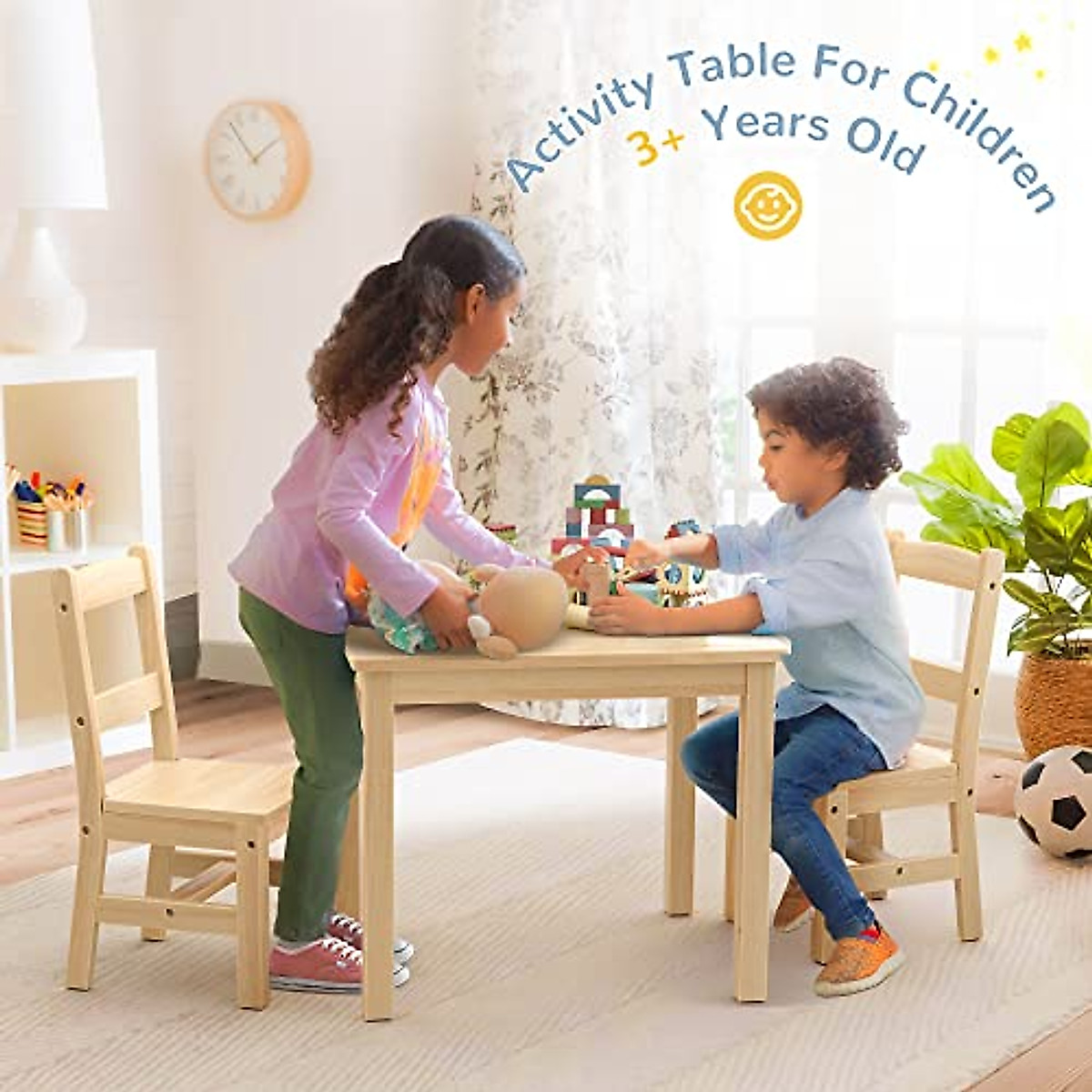 Curipper Rubberwood Kids Table and 2 Chair Set, Water Resistant Toddler Table and Chair Set, Non-Slip Pad and Waterfall Edge, Easy to Clean,Ideal Children Table Set for Bedroom, Playroom,Natural Wood