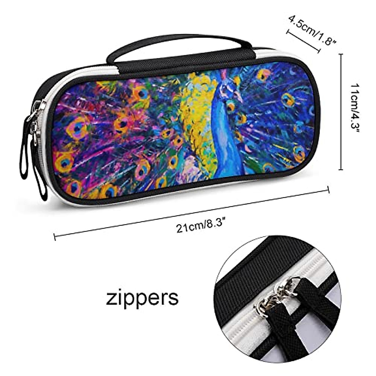 Colorful Peacock Printed Pencil Case Bag Stationery Pouch with Handle Portable Makeup Bag Desk Organizer