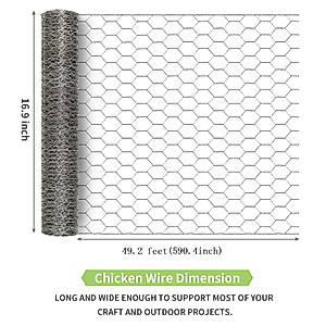 HONSREO Chicken Wire Fencing 16.9 Inch x 49.2 Ft, Poultry Wire Netting 0.6 Inch Hexagonal Galvanized Floral Fence Mesh for Pet Rabbit Coop