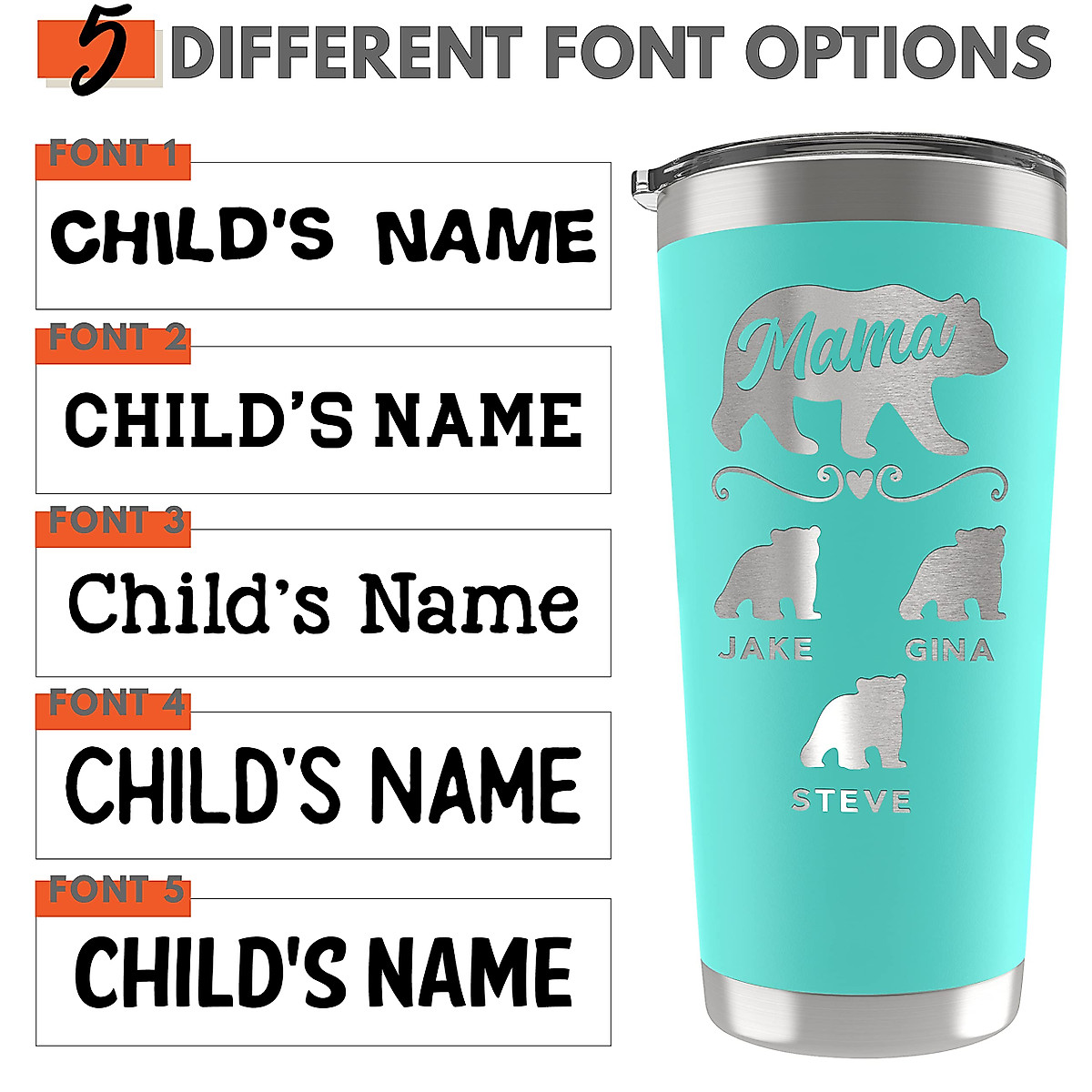 Personalized Mama Bear Tumbler, 20 or 30 oz. - 13 Colors - Names up to 5 Cubs, Custom Mom Tumbler for Mom from Daughter or Son