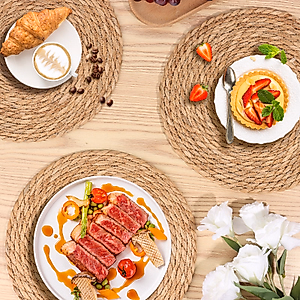 KesaPlan Round Woven Placemats Set of 12, 12" Round Rattan Placemats, Natural Wicker Placemats, Hand-Woven Water Hyacinth Placemats, Boho Placemats, Non-Slip, Heat Resistant for Dining Table Party