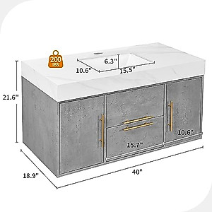 HERNEST Grey Floating Bathroom Vanity 40 Inch Wall Mounted Bathroom Vanity with Rock Panel Countertop and Ceramic Basin Sink Bathroom Cabinet with 2 Drawers and 2 Storage Cabinet for Washroom