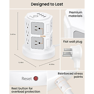 TROND Surge Protector Power Strip Tower, 14 Widely Spaced Outlets 4 USB Chargers, 6ft Extension Cord with Multiple Outlets, Flat Plug, 2100J, Overload Protection for Home Office Desk, Dorm Essentials