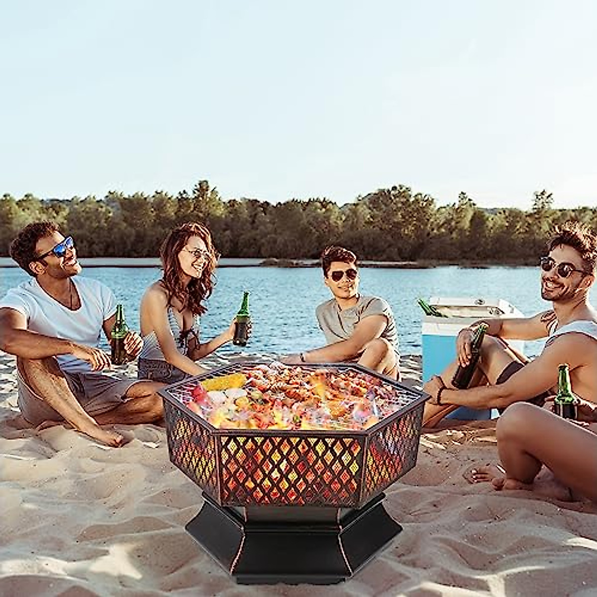 Arlopu 30/28'' Outdoor Grilled Fire Pit, Wood Burning Firepit, Patio Portable Pit, Hex Outside Camp Fireplace, W/ 20in Fire Poker, Spark Screen, 0.8mm Steel Base for Backyard,Terrace,Poolside,Gazebo