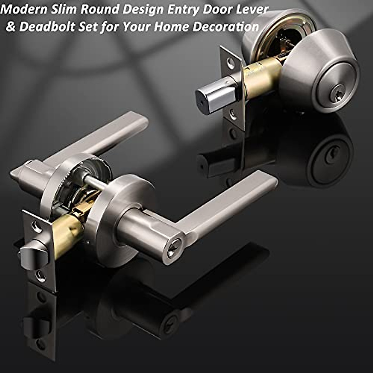 Front Door Entry Lever with Double Cylinder Deadbolts Combination Set, Satin Nickel Finish, Keyed Alike Exterior Entrance Lever Door Handle Set for Front/Back Gate Door, Pack of 2