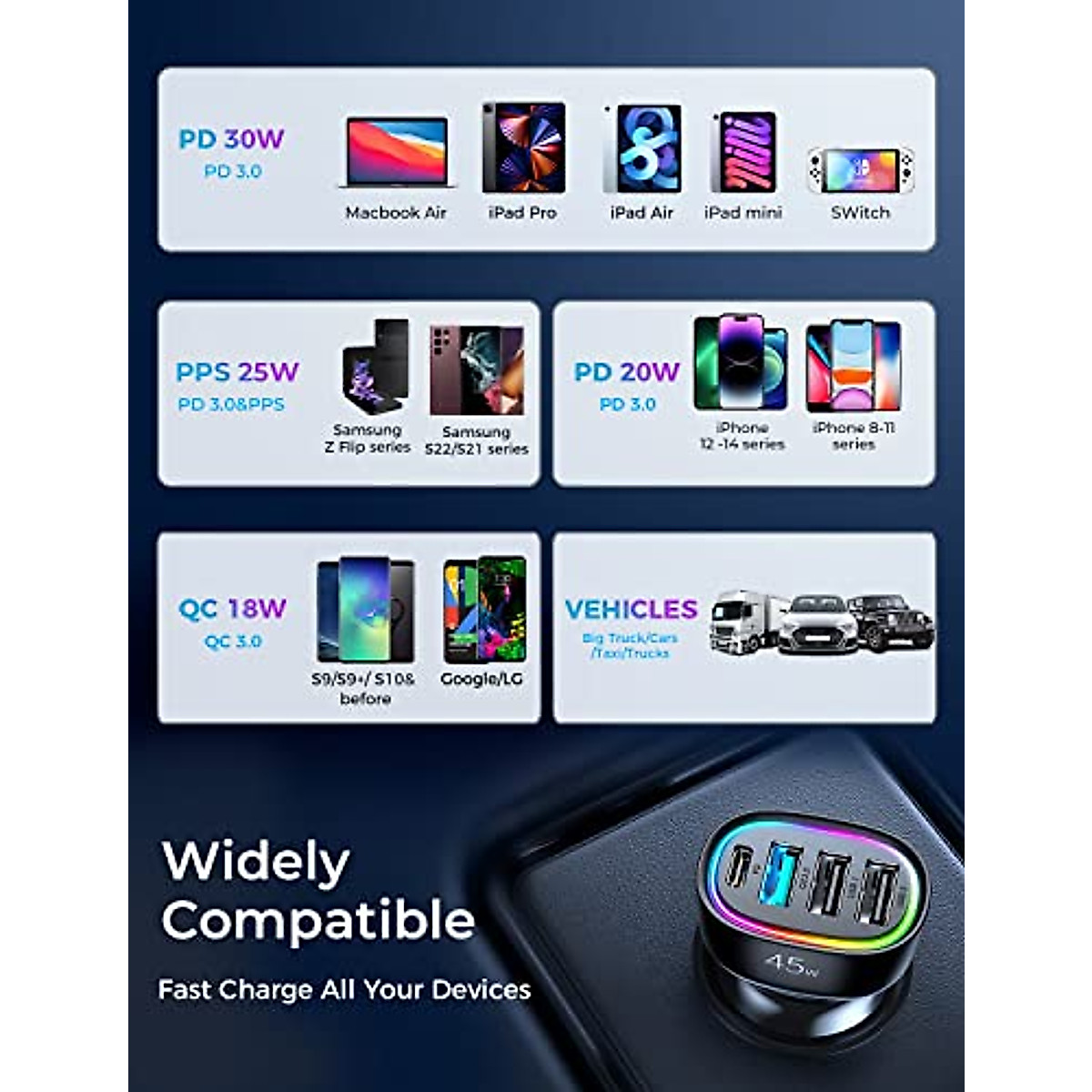 USB C Car Charger, 45W 4 Ports Super Fast Car Charger Adapter, PD3.0 & QC3.0 30W Type C Car Charger Compatible with iPhone 14 Pro Max/Pro/Samsung Galaxy 22/Google Pixel, Cigarette Lighter USB Charger