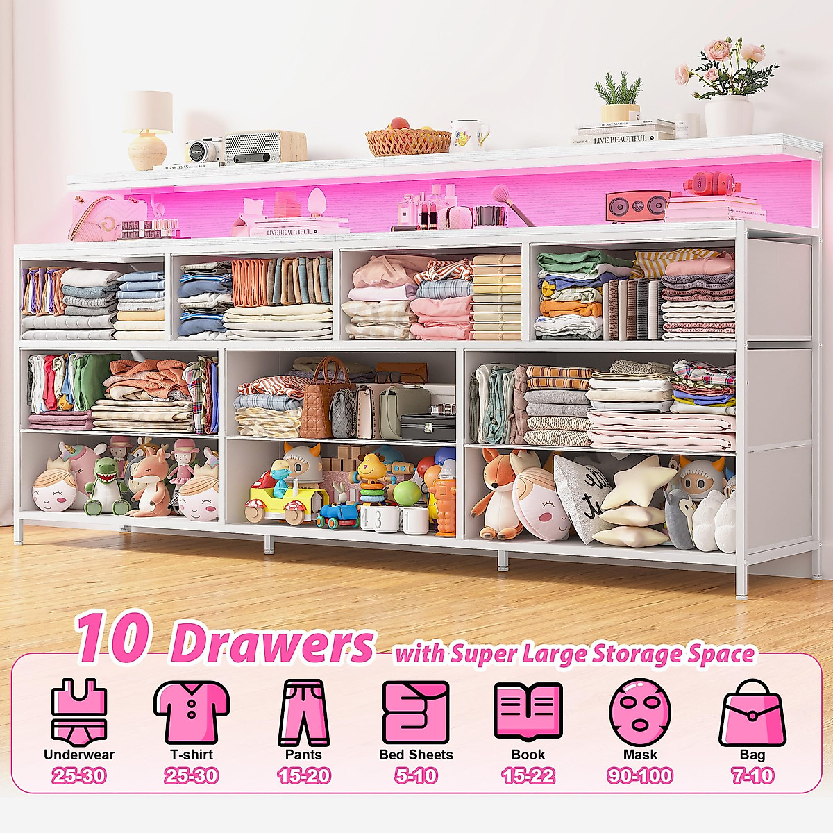 EnHomee 55" W White Dresser for Bedroom with 10 Drawers Long Dressers & Chests of Drawers with LED Lights & Power Outlets Large Dresser for Bedroom Dresser for Closet, Hallway, Metal Frame, White