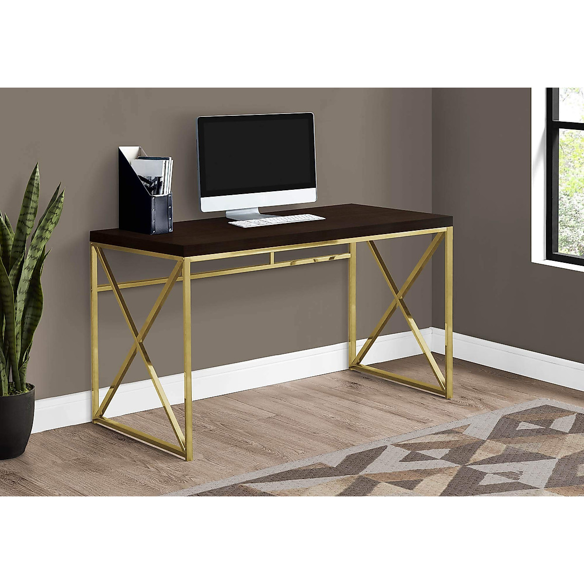 Monarch Specialties I 7201 Computer Desk, Home Office, Laptop, Work, Metal, Laminate, Brown, Gold, Contemporary, Modern
