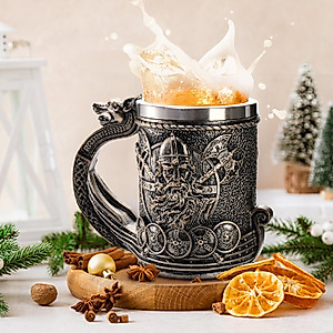 ZENFUN Noric Viking Ship Dragon Beer Mug, 18/8Stainless Steel Drinking Tankard, 17 OZ Wine Coffee Cup, Norse Mythology Poetic Decor Beer Mug, Great Gift for Men