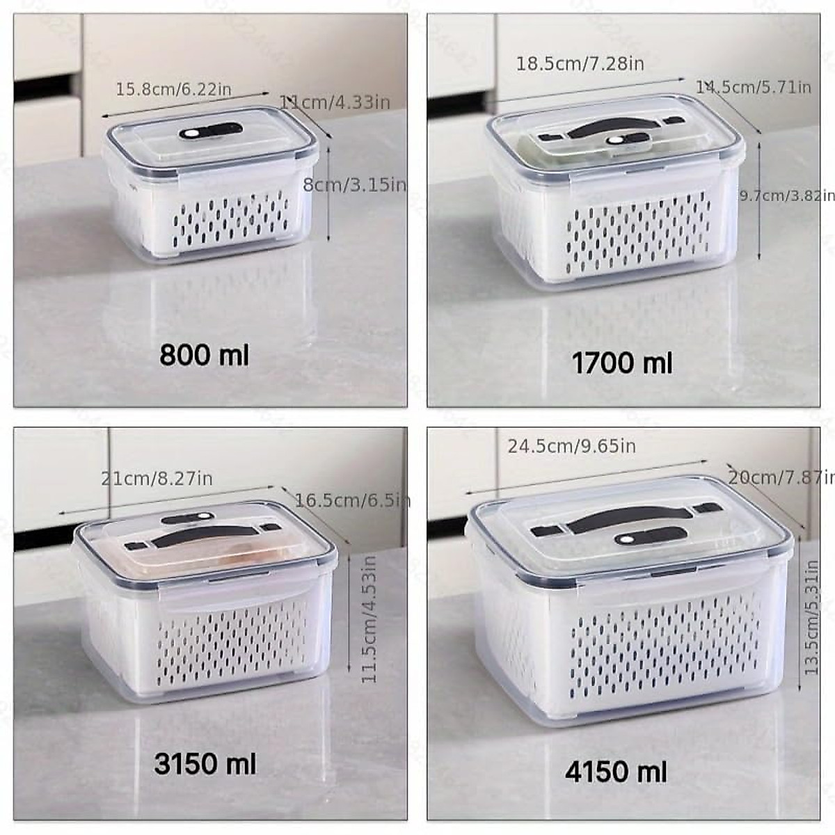 HOMEEE 4 Pack Large Airtight Fridge Food Organizer Containers, Fruit and Vegetable Storage Containers with lids, Portable Outdoor Picnics Food Storage with Removable Colanders(4.15L+3.15L+1.7L+0.8L)