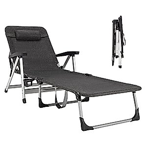 Goplus Chaise Lounge Chair, Folding Outdoor Patio Lounger with Cup Holder & Detachable Headrest, Comfortable for Garden Beach Pool Sunbathing, 7-Position Adjustable (1, Grey)