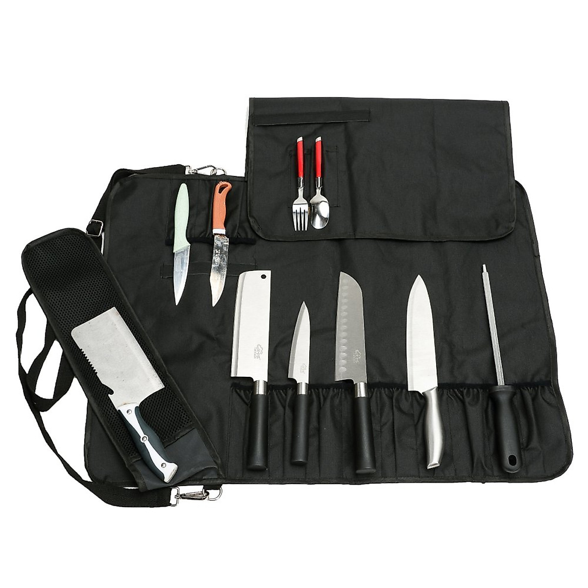 HERSENT Knife Roll, Chef Knife Roll Bag With 17 Slots Can Holds13 Knives,1 Meat Cleaver, And 3 Utensil Pockets,Durable Knife Case With Handle, Shoulder Strap & Zippered Mesh Pocket Holder