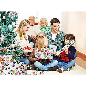 CAMKUZON Birthday Wrapping Paper Rolls for Kids Boys Girls Baby Shower Holiday - Cartoon Dinosaur, Monster Truck and Happy Party Designs Gift Wrap - Pack of 3, 17.7 Inch X 10 Feet Per Roll