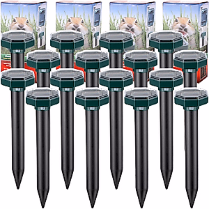 16 Pack Solar Mole Repellent Ultrasonic Gopher Repellent Solar Powered Waterproof Snake Repellent Vole Mole Deterrent Spikes Rodent Mouse Repellent for Outdoor Garden Yard Lawn