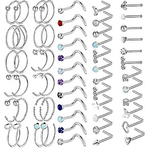 Hicdaw Nose Rings, 60 Pcs Nose Rings for Women 20G Nose Studs Hoop Jewelry Surgical Steel Nose Ring (Silver)