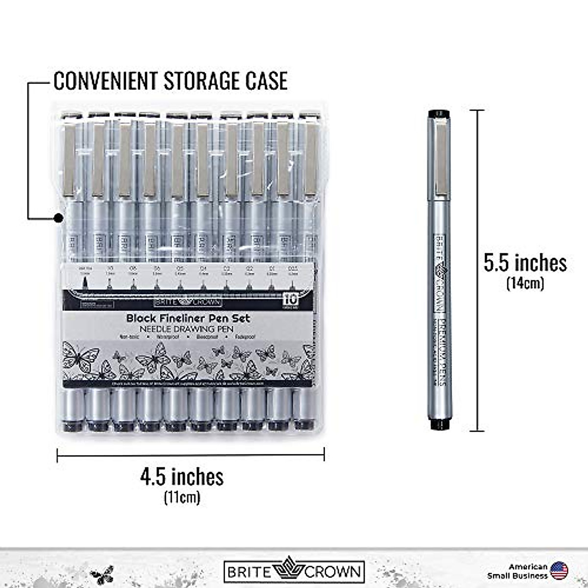 Brite Crown Drawing And Sketching Pens Set - 10 Black Fineliner Pens 0.2mm To 1.0mm Width Tips & 2.5mm Micro Calligraphy Brush-tip Pen, Ideal Gift Idea For Artists And Beginners