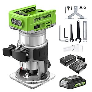 Greenworks 24V Cordless Trim Router, Variable Speed Brushless Motor Compact Palm Router with 2Ah Battery and Charger
