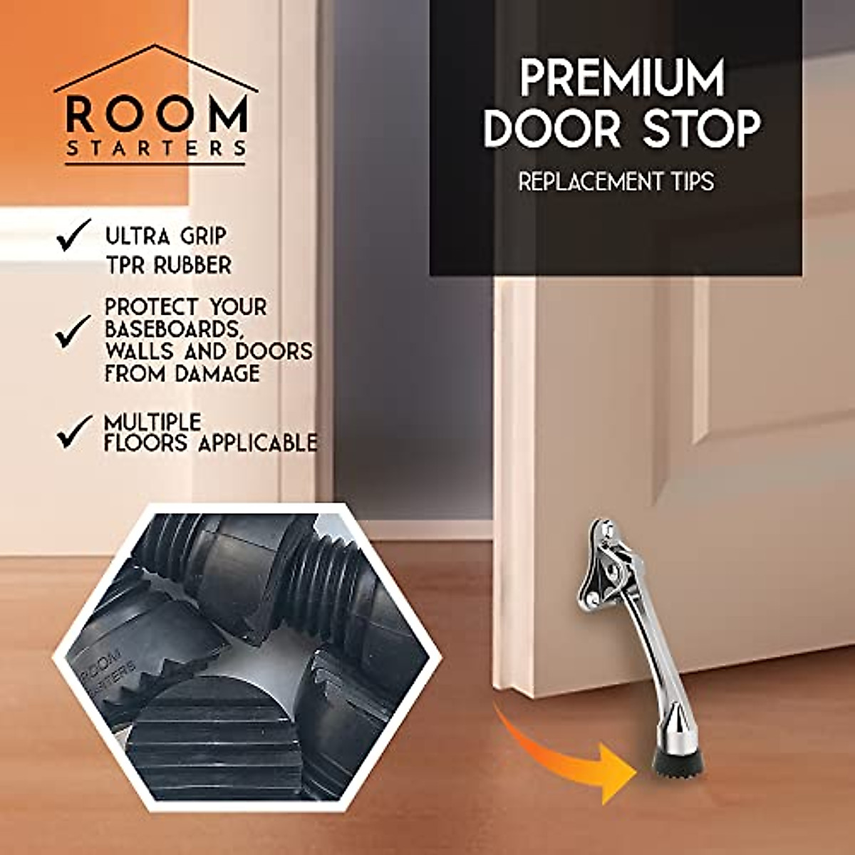 Kick Down Door Stop Ultra Grip Rubber Replacement Tip 10 Pack Threaded by ROOM STARTERS Style 1 (Black, 10 Pack)
