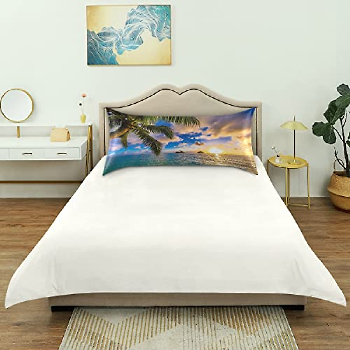 Tropical Beach Sea Sunrise Palm Tree Satin Pillowcase Silk Pillow Case for Hair and Skin Pillow Covers with Envelope Closure,Standard Size 20x26 Inch