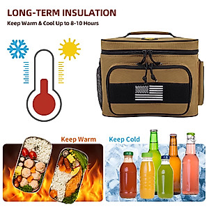 Tactical Lunch Box for Men, Insulated Lunch Bag with Molle Webbing,Reusable Lunch Tote with Sholder Strap,Leakproof Meal Prep Cooler Bag with 1 Ice Pack for Work,Camping,Fishing,Travel(brown)