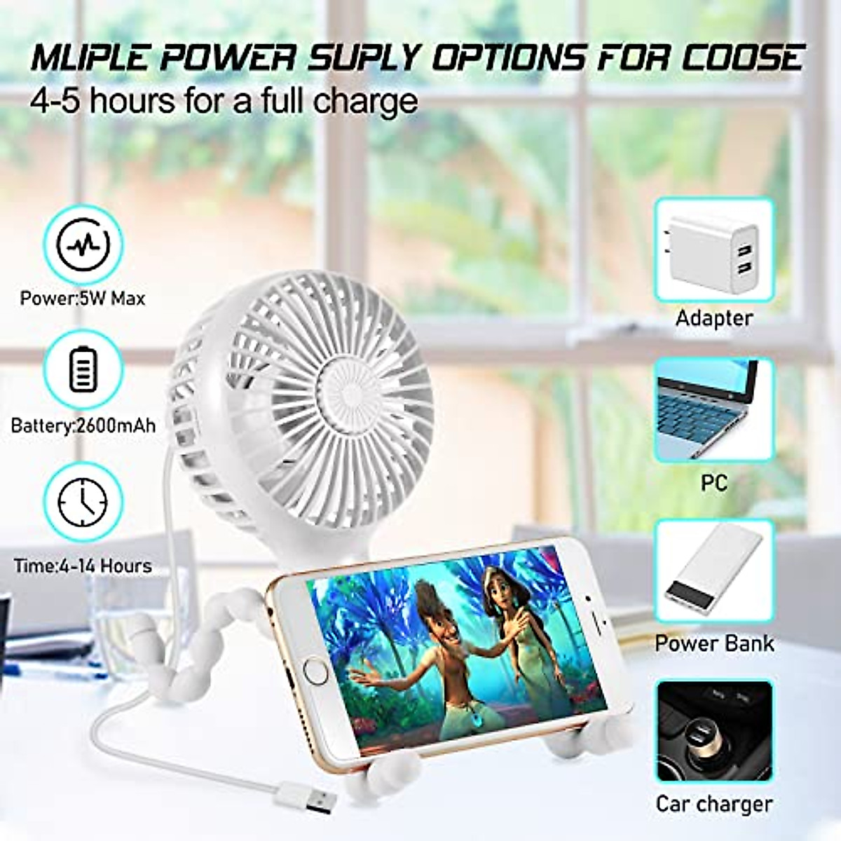 scurry Upgraded Stroller Fan Mini Battery Operated Fan Small USB Rechargable Desk Fan Baby Portable Fan Flexible Tripod Clip On Fan with 3 Speeds Baby Fan for CarSeat Crib Treadmill (White)