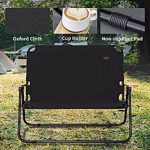 Outsunny Double Folding Camping Chair, Loveseat for 2 Adults, Portable Camping Couch with Wood Armrest & Cupholders, for Backpacking, Beach, Sports Travel, Black