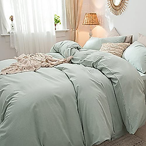 MooMee Bedding Duvet Cover Set 100% Washed Cotton Linen Like Textured Breathable Durable Soft Comfy (Sage Green, Queen)