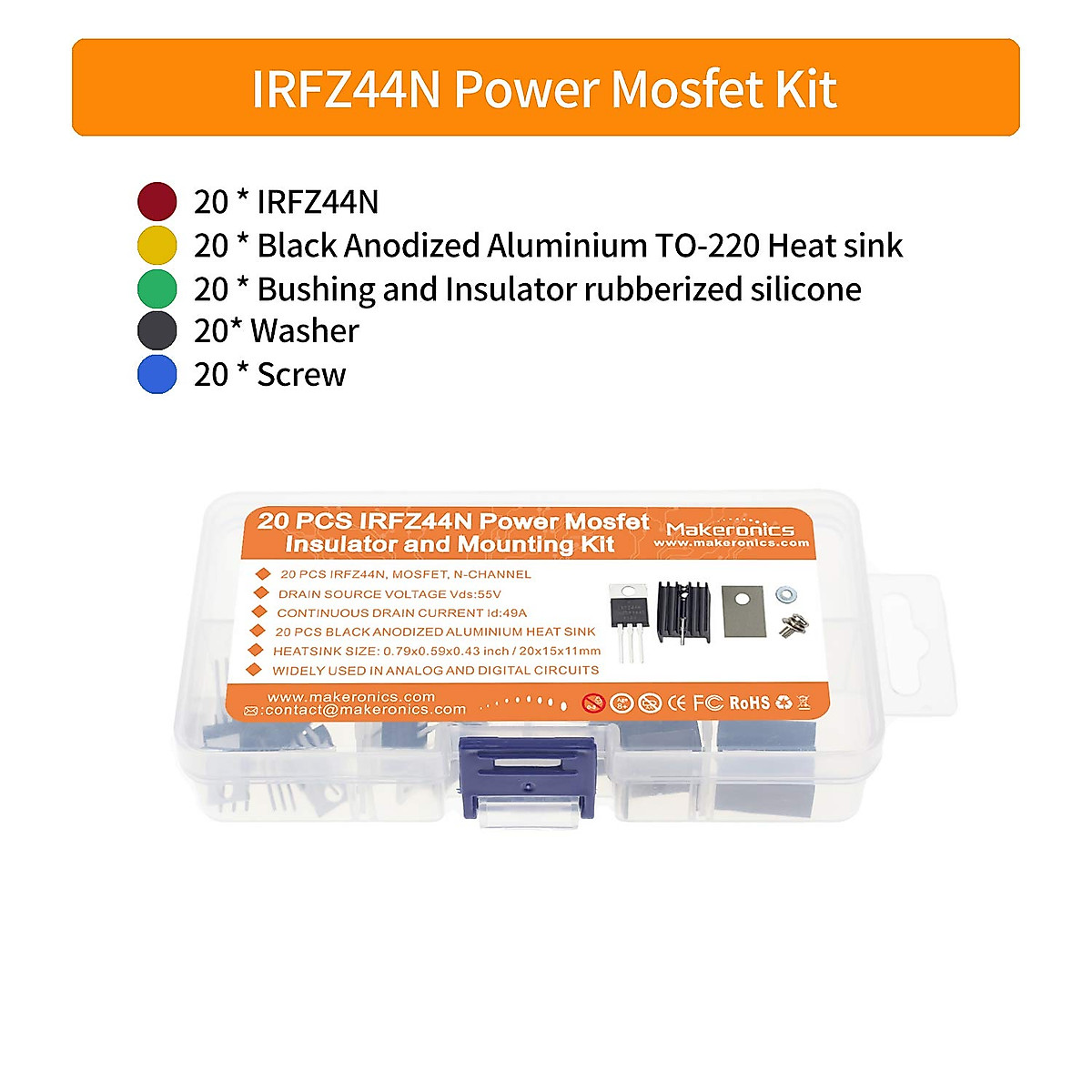Makeronics 20 pcs IRFZ44N Insulator and Mounting kit with TO-220 Heatsink,Insulator rubberized silicone Washer and Bushing | N-Channel MOSFET Transistor | International Rectifier Power 49 A 55 V,3-Pin