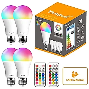 Yangcsl LED Light Bulbs 70W Equivalent, RGB Color Changing Light Bulb, 2 Moods/Memory/Sync/Dimmable, A19 E26 Screw Base, Timing Remote Control Included (Pack of 4)