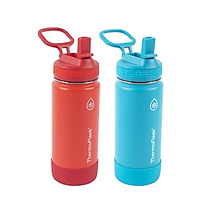 ThermoFlask Double Wall Vacuum Insulated Stainless Steel Kids Water Bottle with Straw Lid, 16 Ounce, 2-Pack, Red / Blue