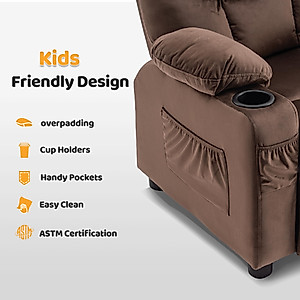 MCombo Big Kids Recliner for Ages 3+, Child Recliner Chair, Toddlers Recliner Sofa with Cup Holders (Velvet, Brown)