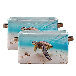 TropicalLife Rectangular Storage Bin Cube Turtle Sea Ocean Foldable Organizer Basket with Handles, Hawaii Beach Animal Collapsible Storage Box for Kids Toy Shelf Closet Nursery