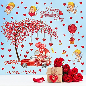 Valentine's Day Wall Decals Decor Pink Heart Tree Wall Stickers Couple Gnome Love Window Sticker Cupid Wall Sticker Valentines Window Decal Peel and Stick for Wedding Anniversary Engagement Decoration