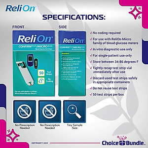 ReliOn Reli on Confirm Micro Blood Glucose Test Strips 50 Ct Choice Bundle (fits Confirm Plus/Micro Plus) + “Food for Life” Guide & Portable Pill Container (3 Items)!