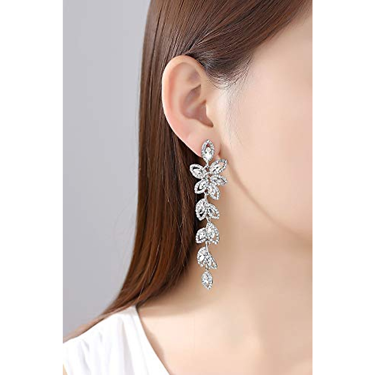 Mecresh Bride Jewelry Set Crystal Floral Leaf Crawler Chandelier Dangle Earring Bracelet Wedding Prom 2022 Fashion Jewelry Silver