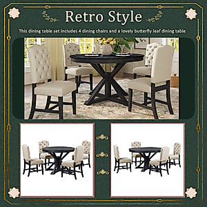 RUNWON 5-Piece Retro Style Extendable Round Kitchen Dining Table Set with 4 Upholstered Chairs, Espresso+Gray