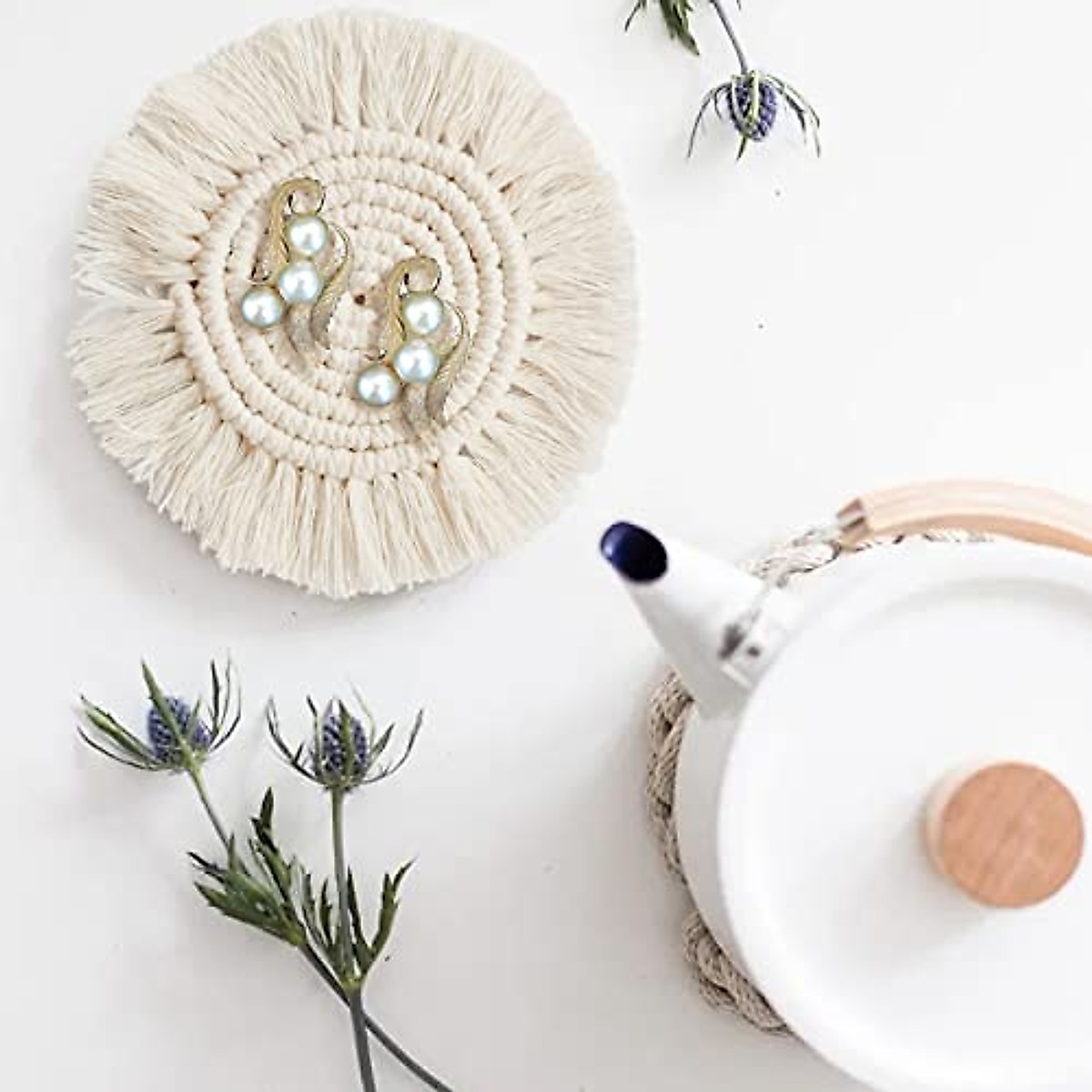 Macrame Coasters 4 Pack Boho Coasters Beige Absorbent Coasters Set for Wooden Table Protection Woven Handmade Housewarming Gift Presents for New Home