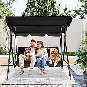 COVERONICS 3-Person Porch Swing Chair, Patio Swing Chair with Adjustable Canopy Outdoor Swing with Steel Frame for Yard, Lawn, Garden, Pool (Black)