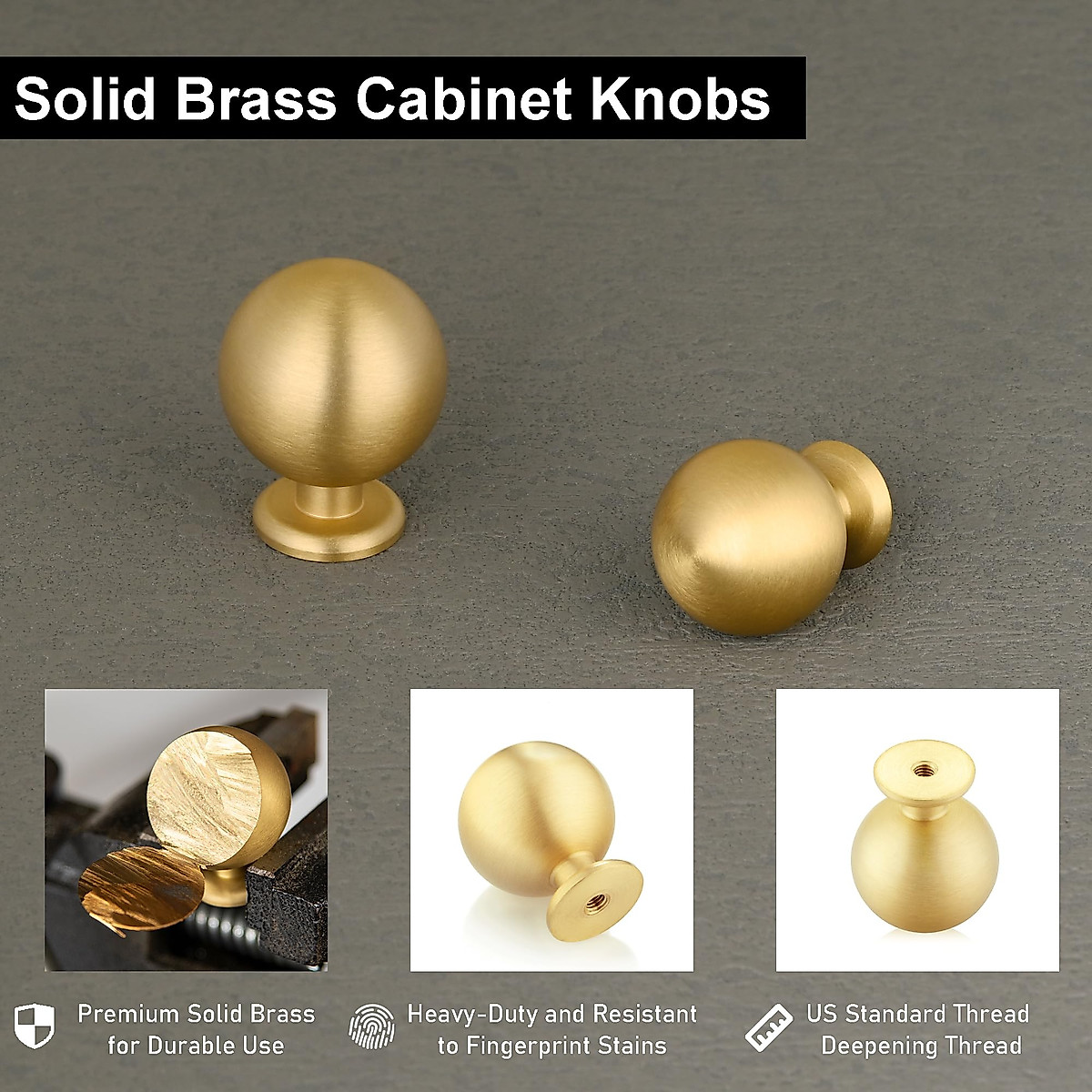 QOGRISUN 10-Pack Solid Brass Cabinet Knobs, Round Ball Gold Knobs for Dresser Drawer, 1.1-Inch Diameter, Sphere Cabinet Pulls, Brushed Brass Finish