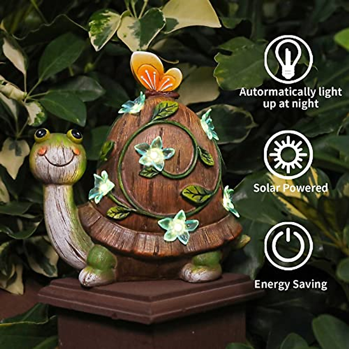 Afirst Garden Statue Turtle Figurine - Solar Powered Resin Animal Sculpture Light Indoor Outdoor Decorations Patio Lawn Yard Art Ornaments