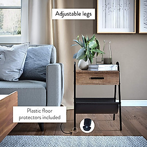 Nathan James Hugo Wood Nightstand, Rustic Accent End or Side Table with Drawer, Durable Black Metal Frame & Leather Hammock, Brown