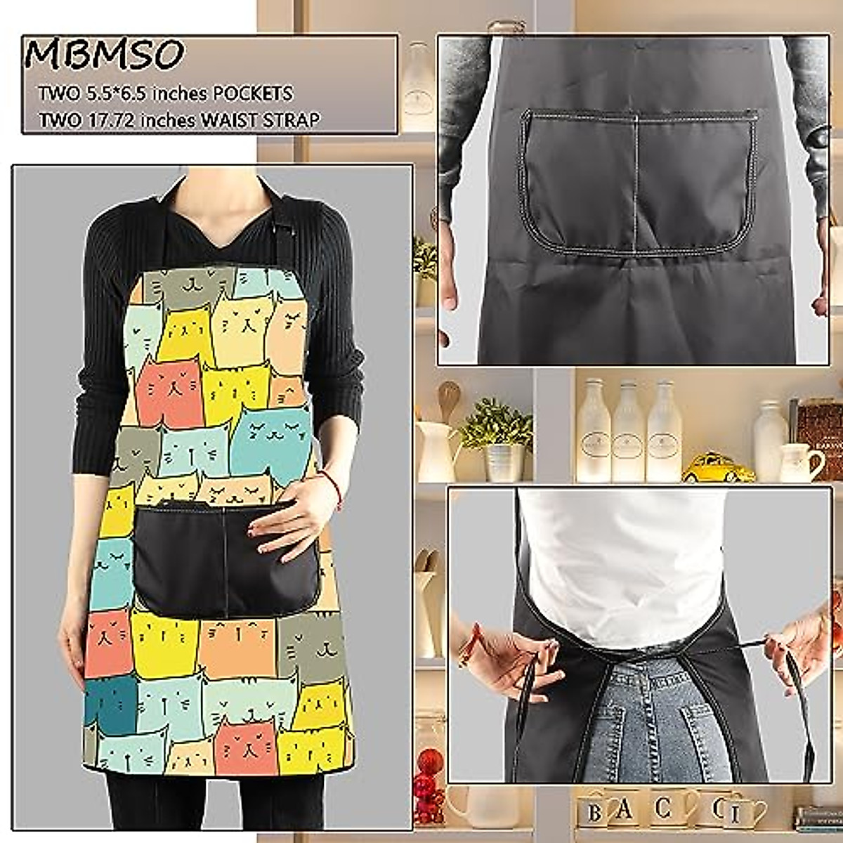 MBMSO Funny Cat Apron with Pockets Cat Kitchen Cooking Chef Baking Apron Cat Lady Gifts for Cat Lover Mom Gifts Kitten Aprons (Funny Cat Apron)