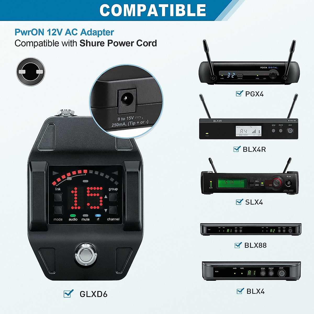 PwrON Compatible AC Adapter 12V Replacement for Shure SLX4 PGX4 BLX4 BLX88 BLX4R GLXD6 UABiasT PG4 PGX4 PGXD4 SLX4L P2T FP33 Wireless Receivers Power Supply Cord